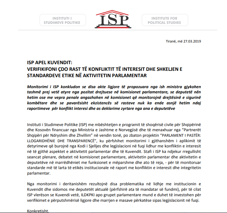 Ish-ministrat dhe deputetë në konflikt interesi, ISP letër Parlamentit - Gazeta Si