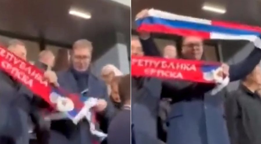 Vuçiç shfaqet në stadium me flamurin rus dhe serb. Sanduloviç ... Vuçiç shfaqet në stadium me flamurin rus dhe serb. Sanduloviç ...